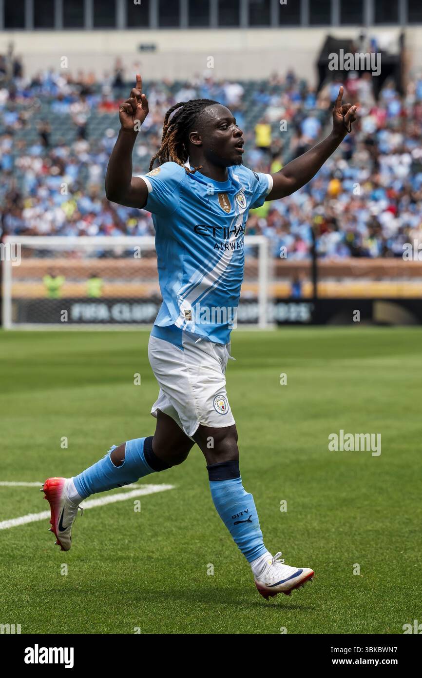 Jeremy Doku of Manchester City FC celebrates after scoring a goal ...