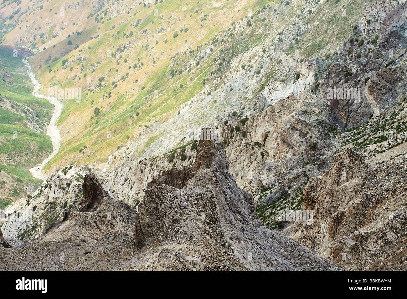 Breathtaking view of a mountain valley and a winding river, opening up ...