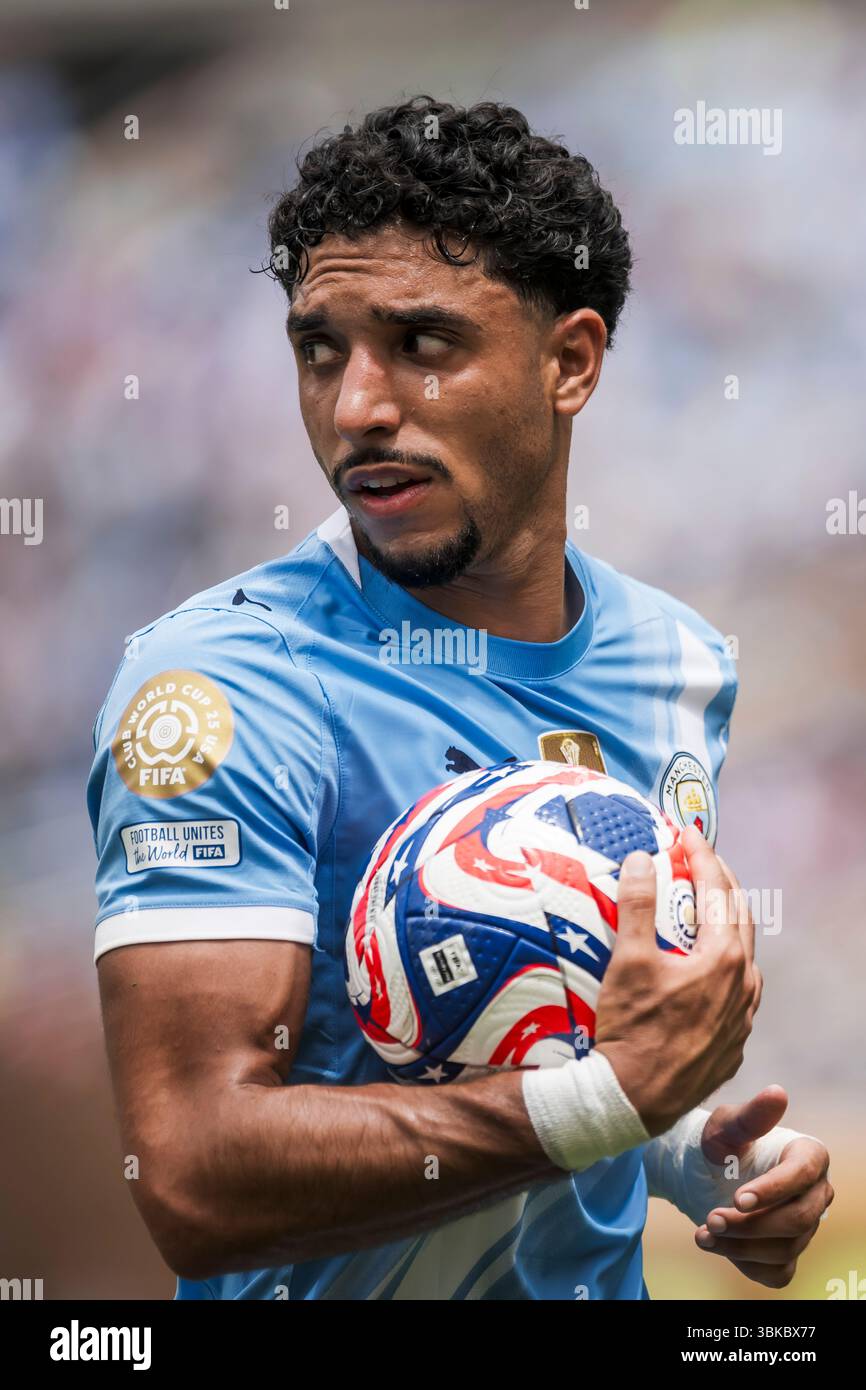 Omar Marmoush of Manchester City FC holds the ball during the FIFA Club ...