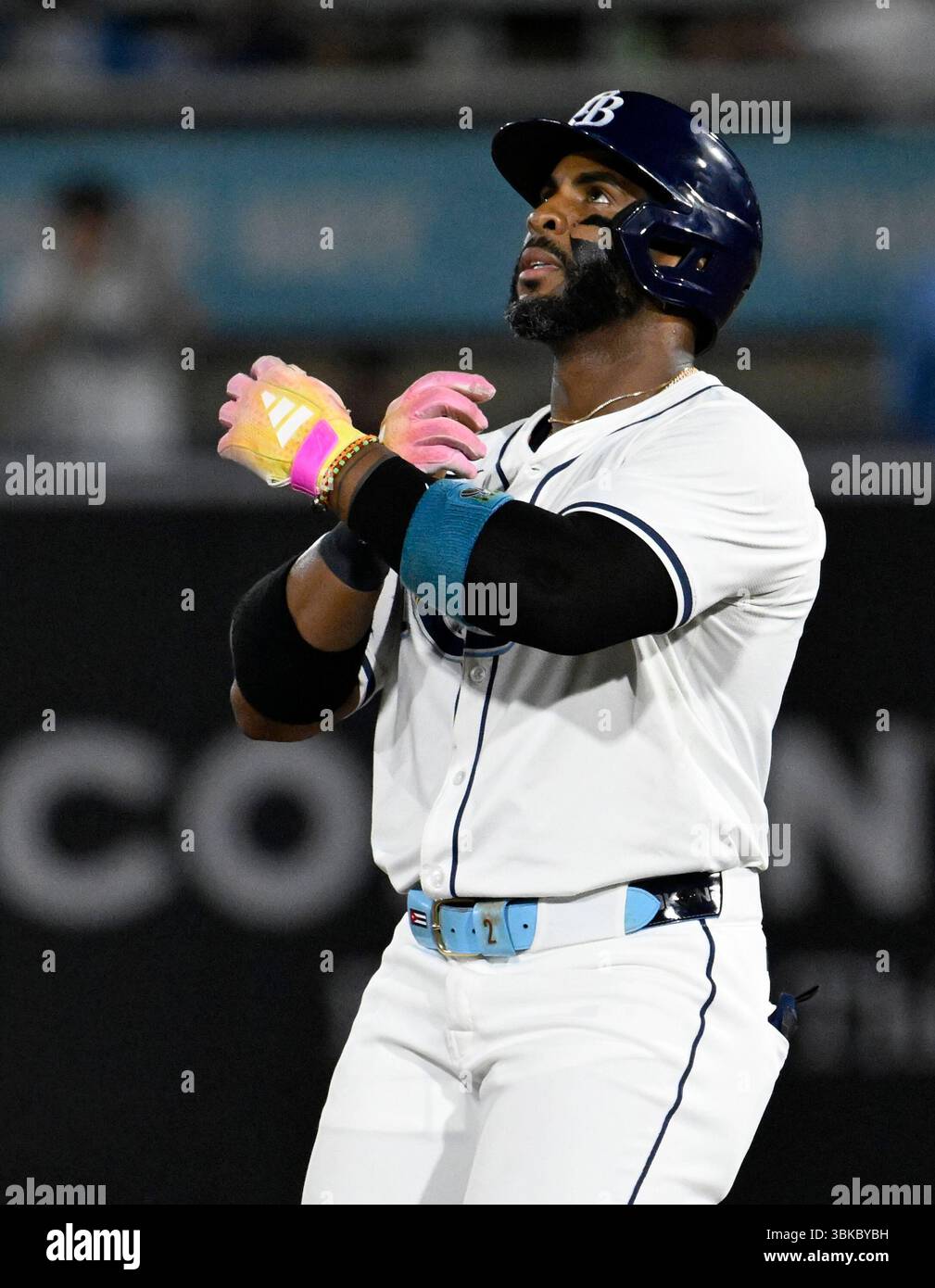 Tampa Bay Rays' Yandy Díaz celebrates after his double during the sixth ...