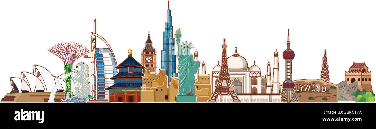 Colorful vector illustration of famous global landmarks in a linear ...