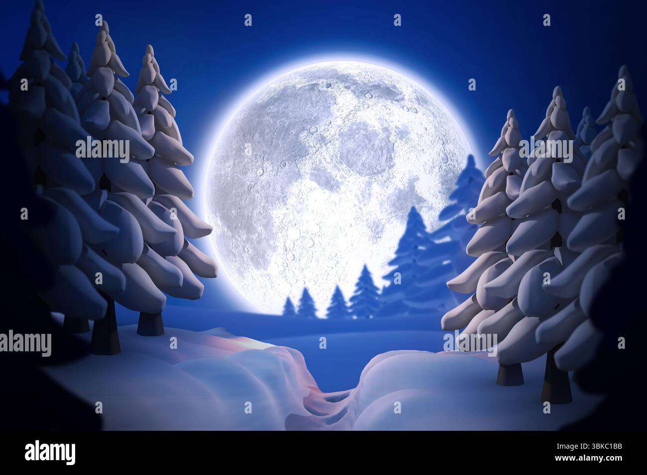 Full moon is glowing over snowy forest clearing in flat illustration ...