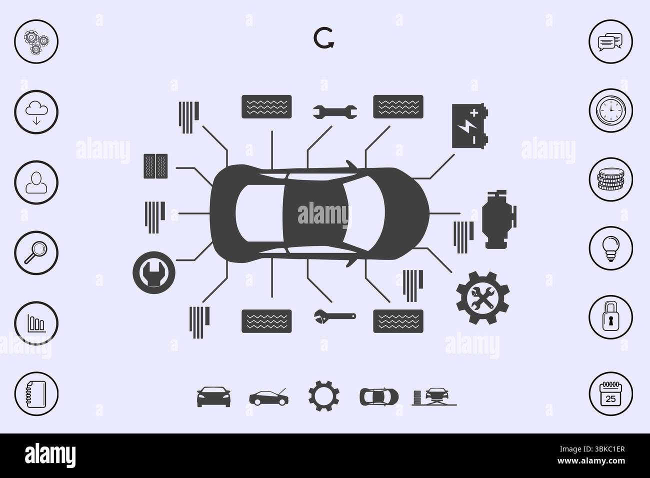 Showing flat GUI featuring overhead car silhouette radiating ...