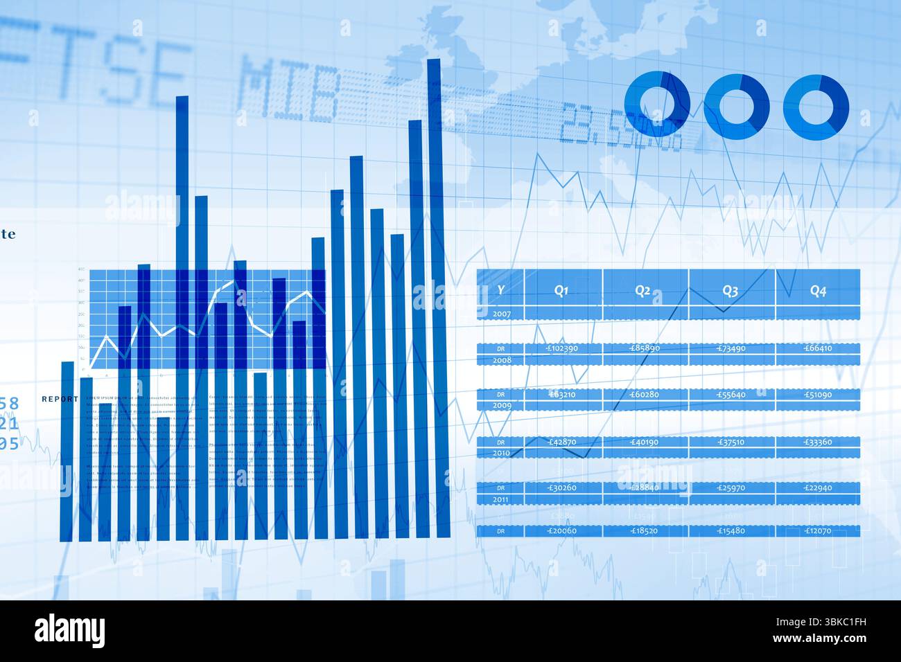 Showing flat design dashboard with blue bar chart left, Q1–Q4 data ...