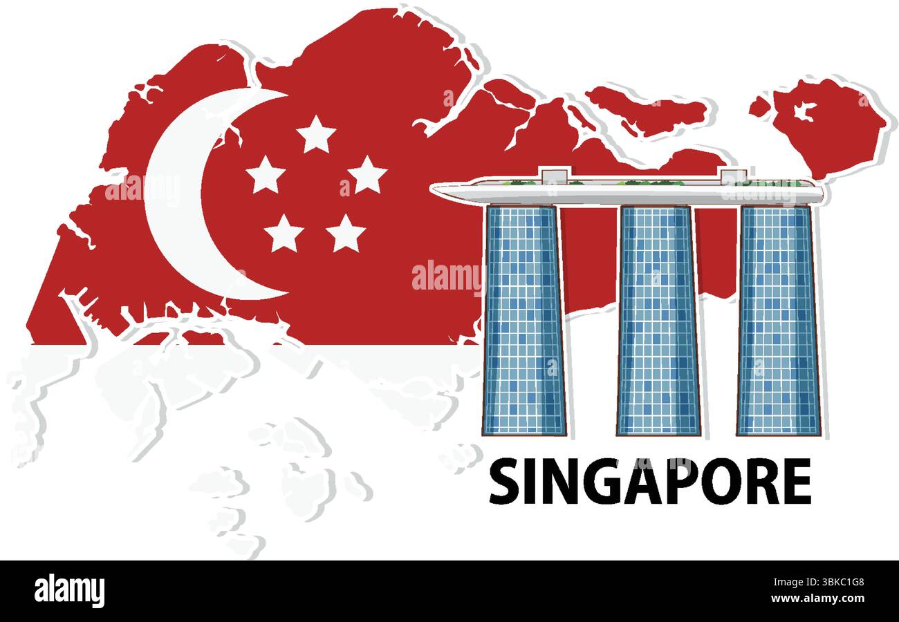 Vector illustration of Singapore map and skyline. Features bold colors ...