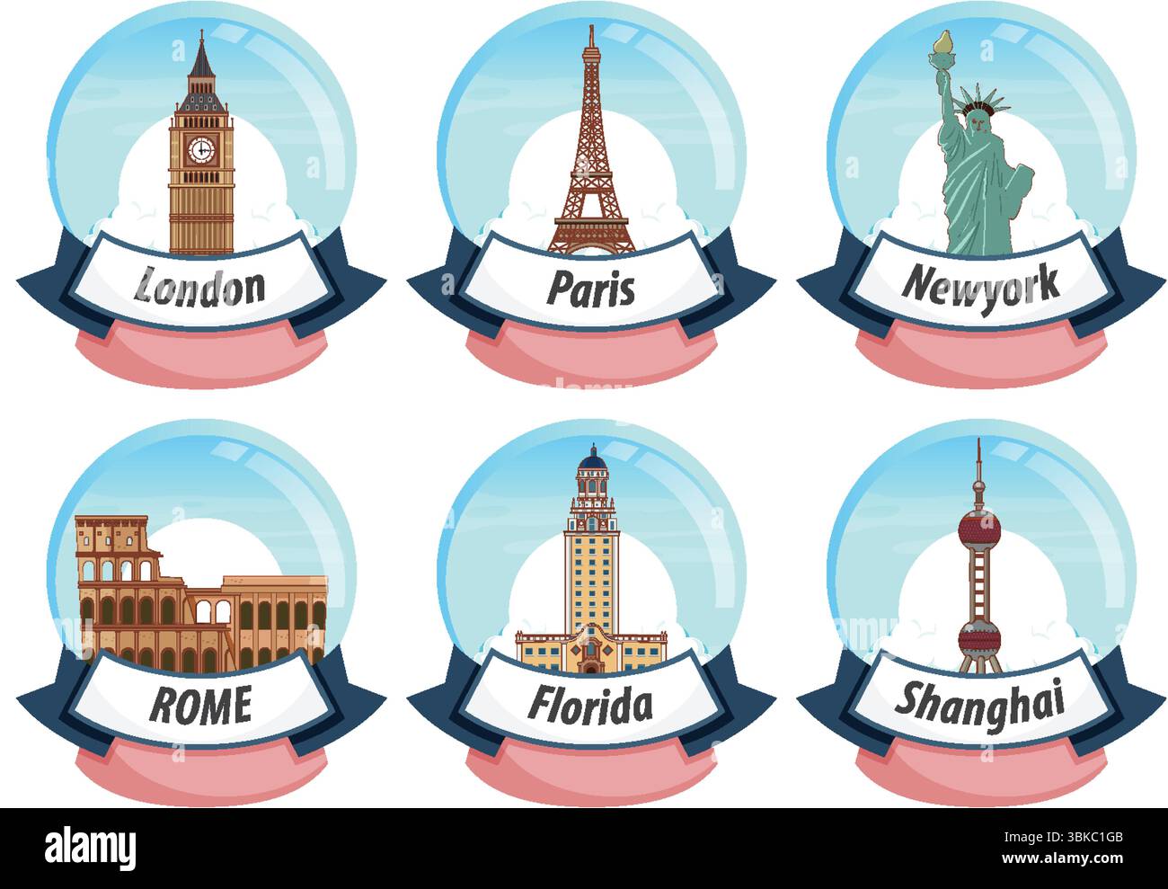 Vector illustration of famous city landmarks inside snow globes ...