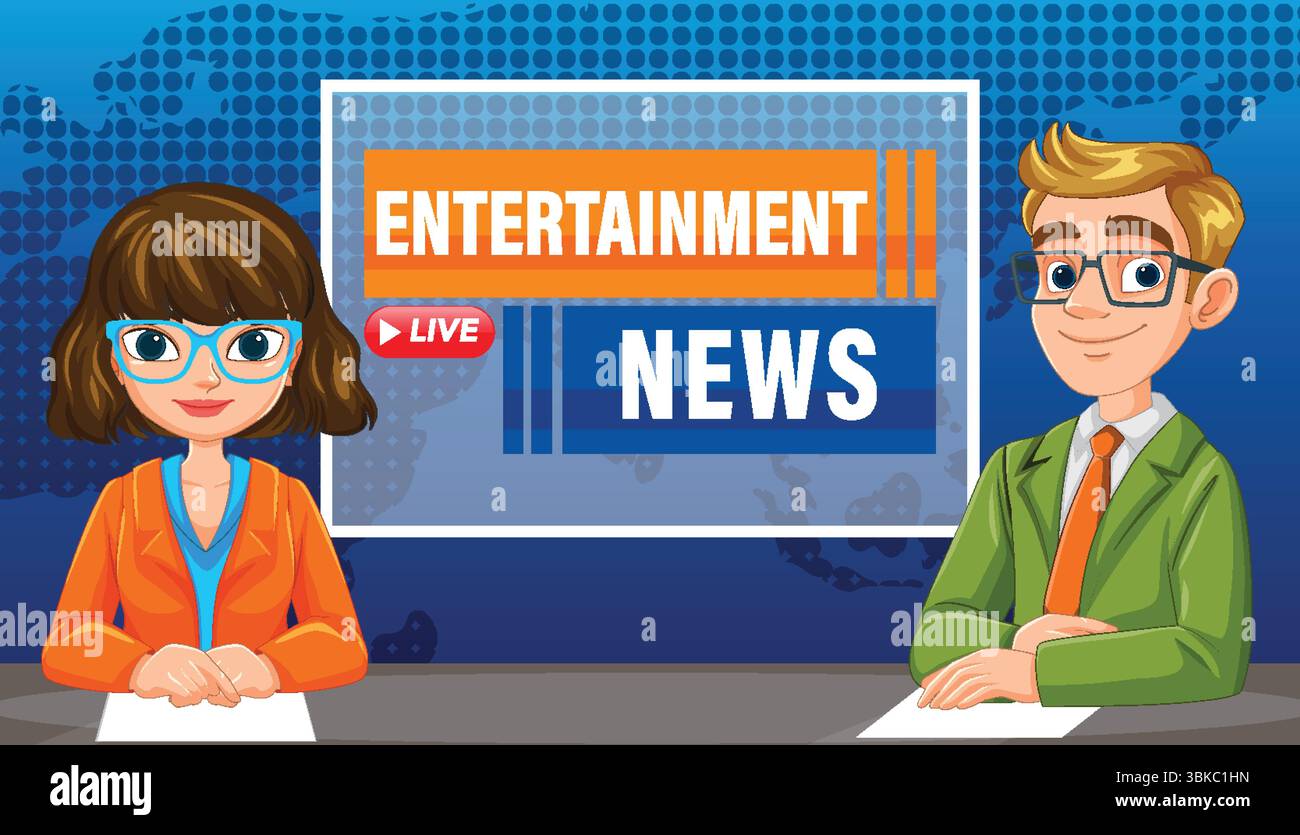 Vector illustration of two animated news anchors presenting ...