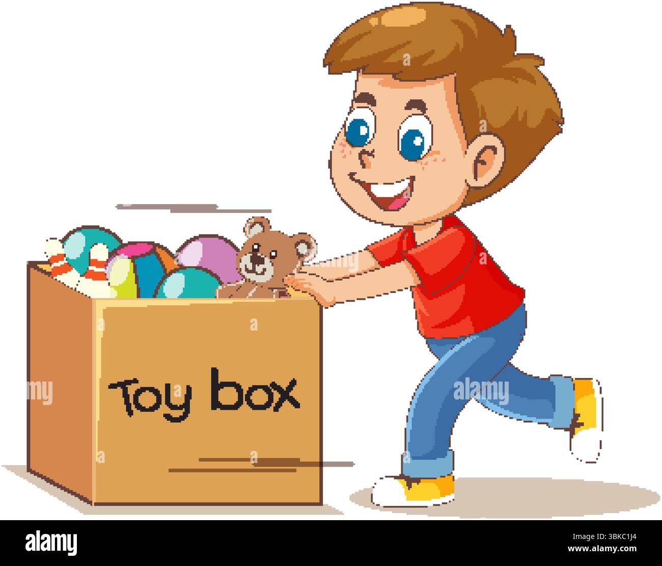 A cheerful child interacts with a toy box, vibrant colors, cartoon ...