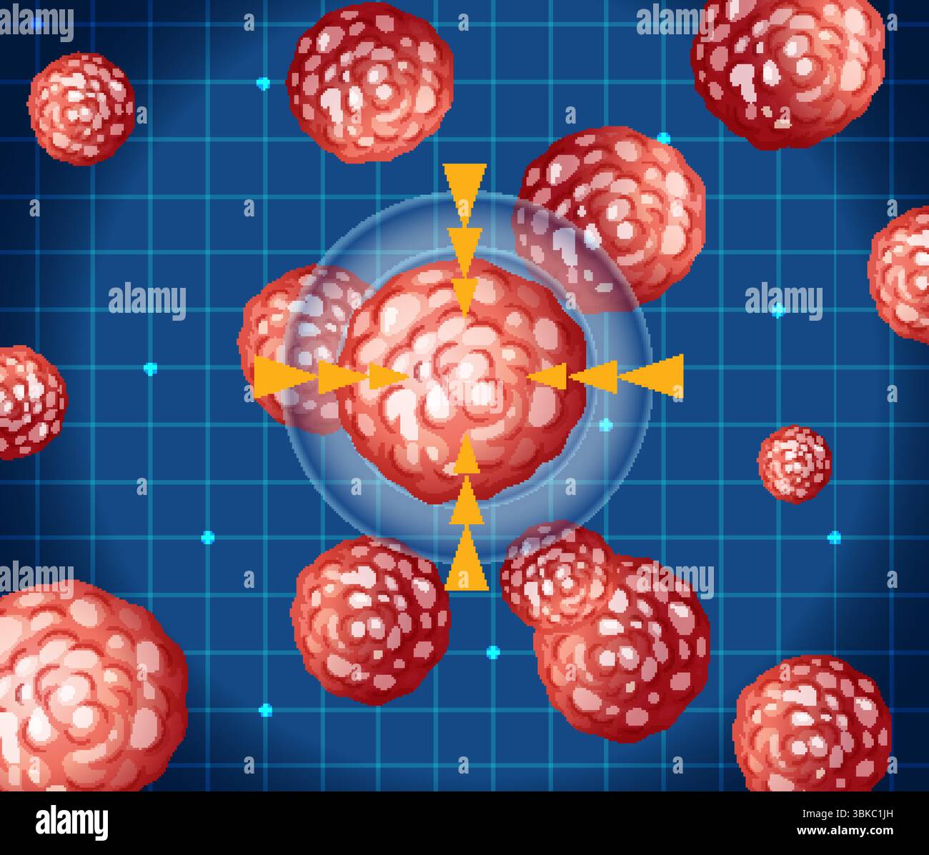 Vector illustration of cancer cells with a focus on one central cell ...