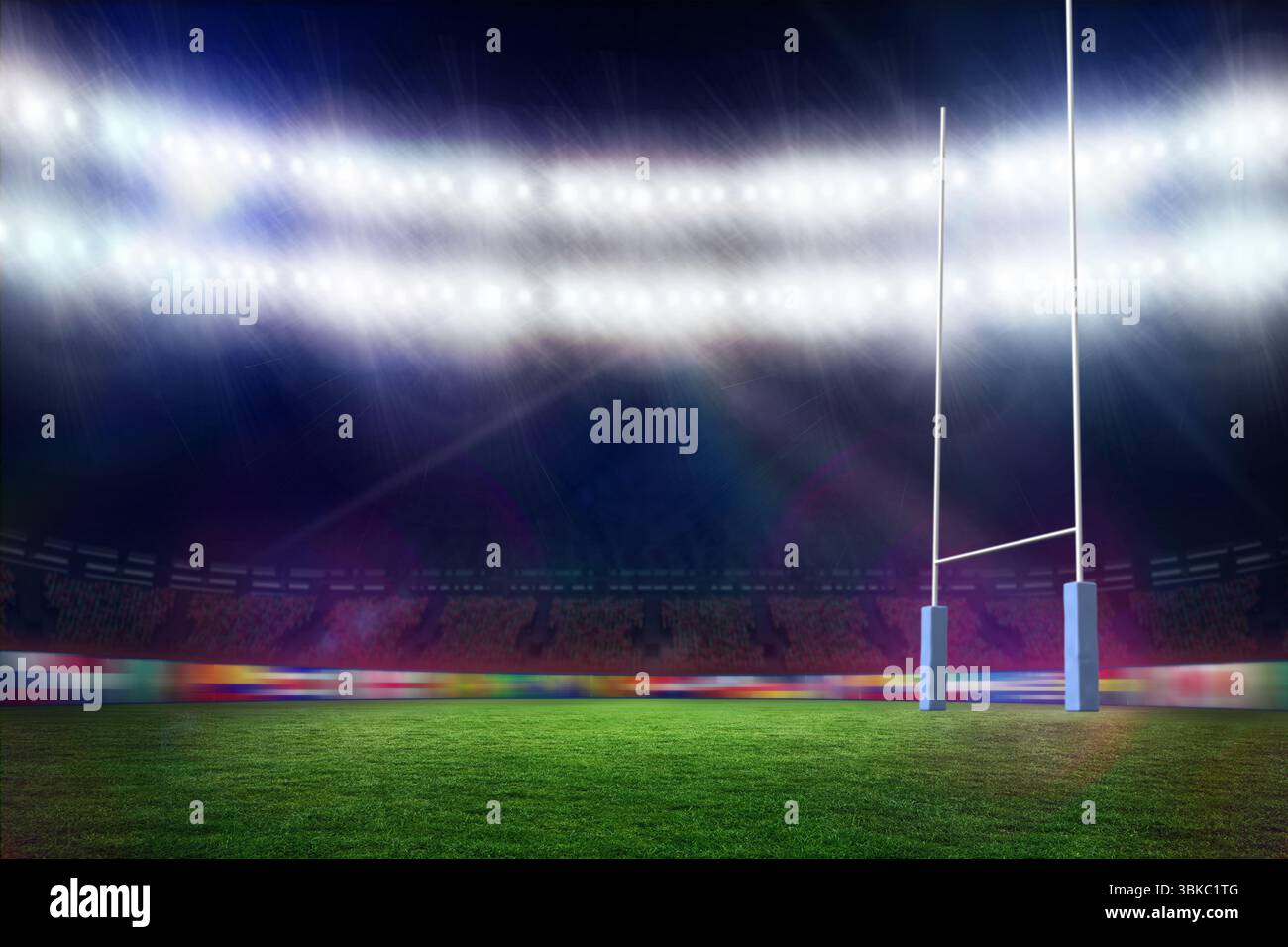 Empty rugby field is being shown at night in flat design, with ...