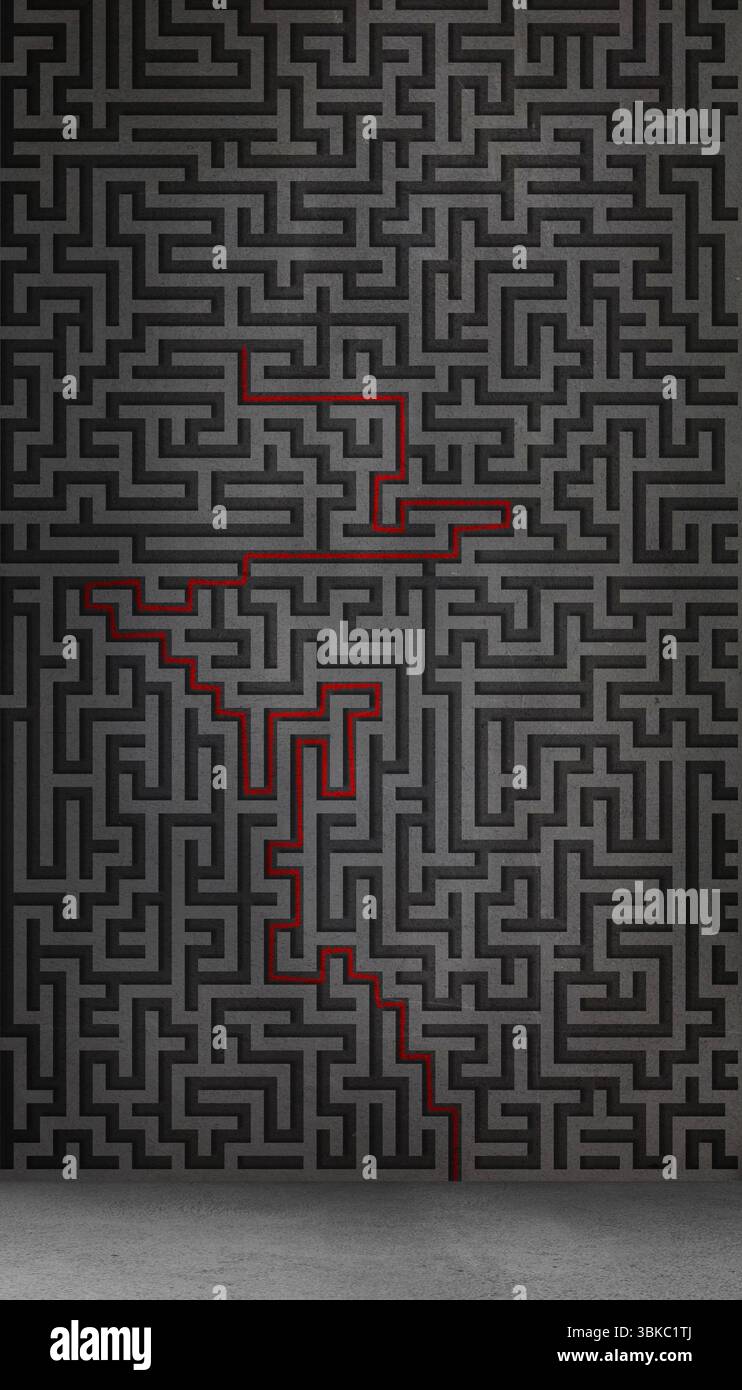 Flat design maze is unfolding on gray wall above smooth concrete floor ...