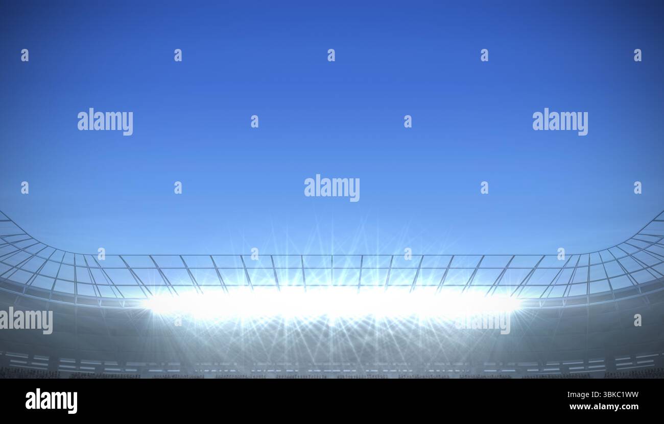 Stadium lighting and curved metal roof framework are shining over dark ...