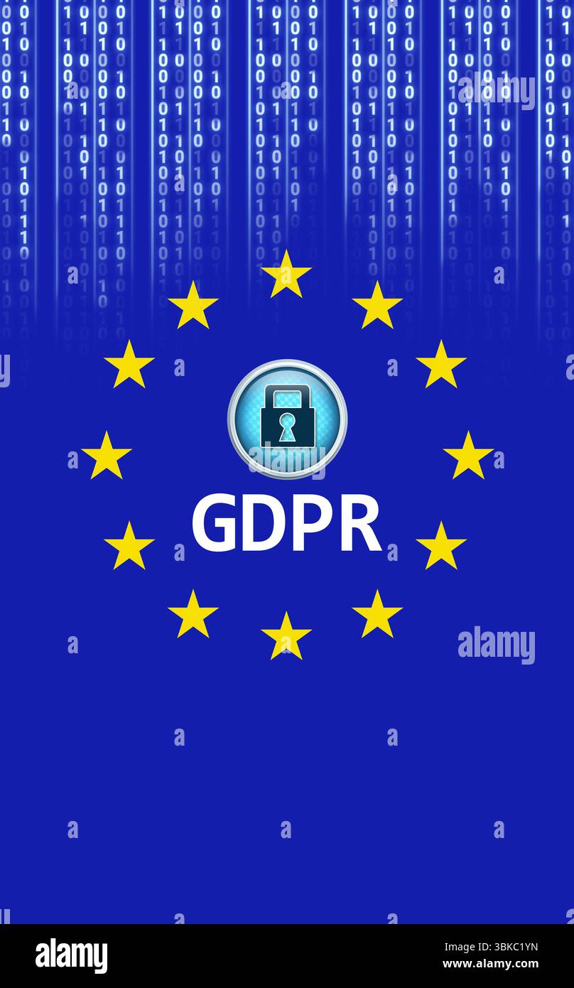 Flat design GDPR padlock is floating in dark blue surrounded with ...