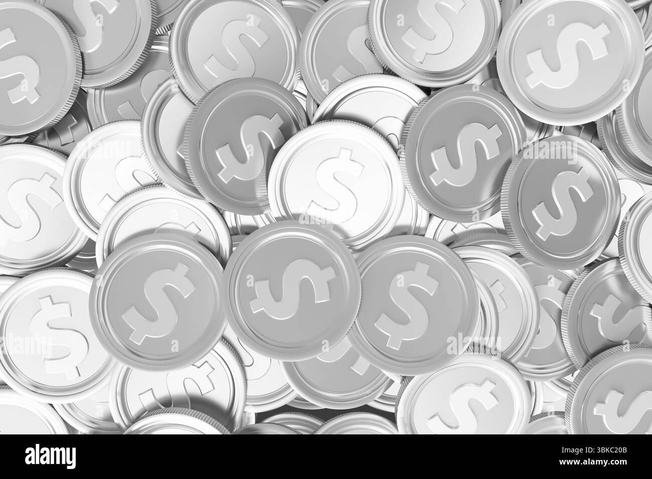 Pile of silver dollar coins is forming overlapping metal stack in 3D ...
