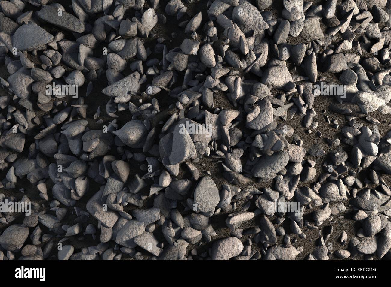 Flat design showing dense grey stones and pebbles covering dark soil ...
