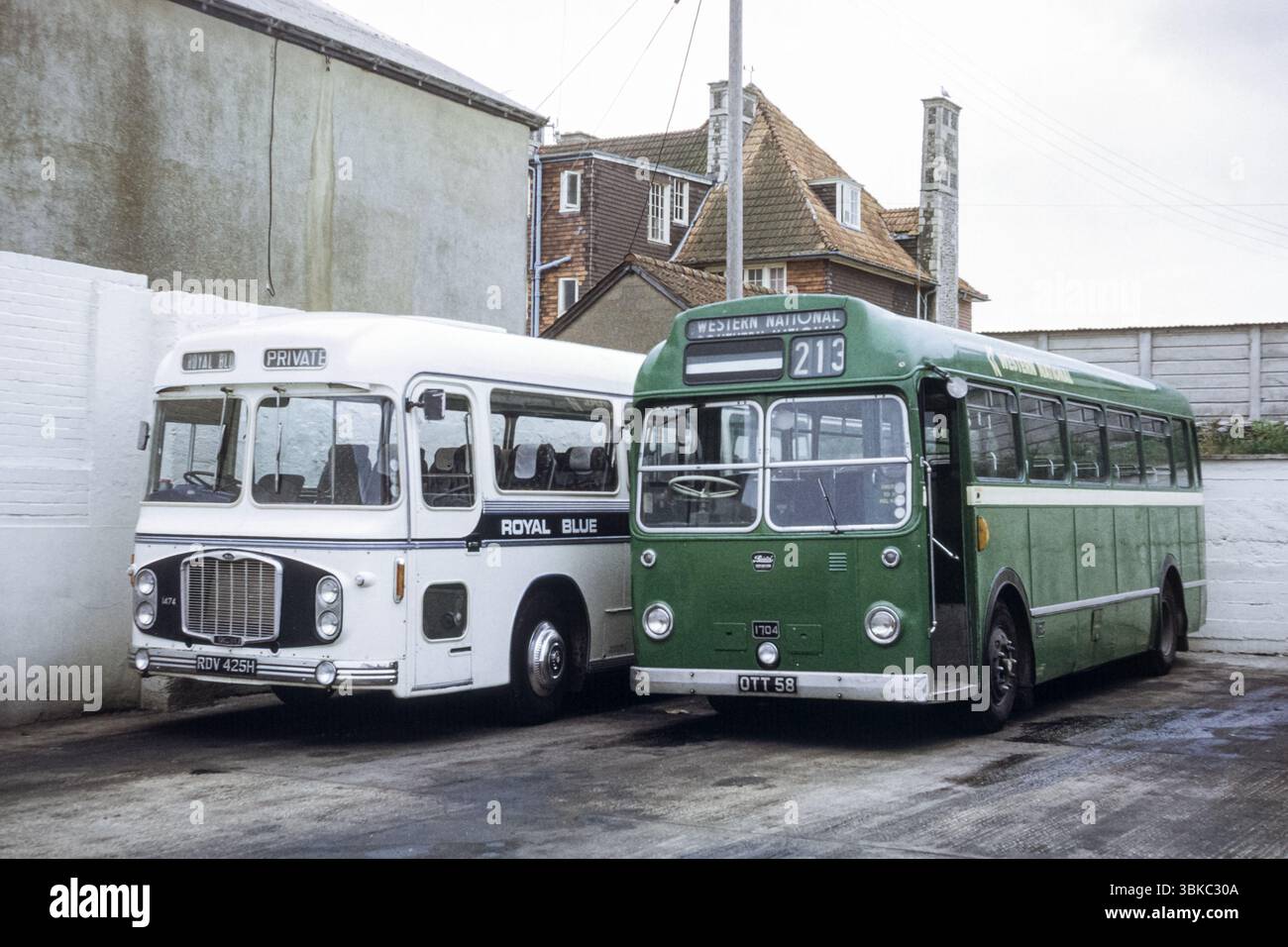 Seaton UK - 1973: Vintage image of two buses parked at Seaton bus depot ...