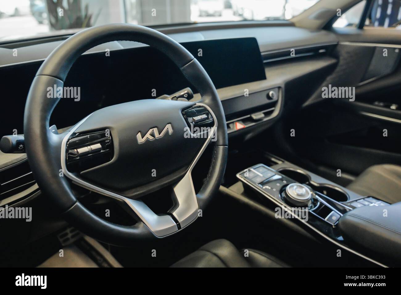 Almaty, Kazakhstan - June 11, 2025: The steering wheel in the cabin of ...