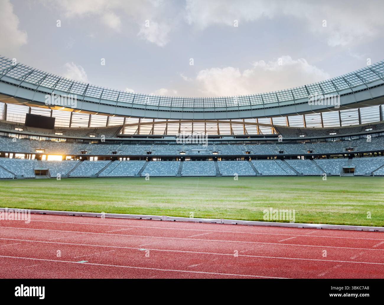 Empty stadium is being shown in flat design, featuring red track, green ...