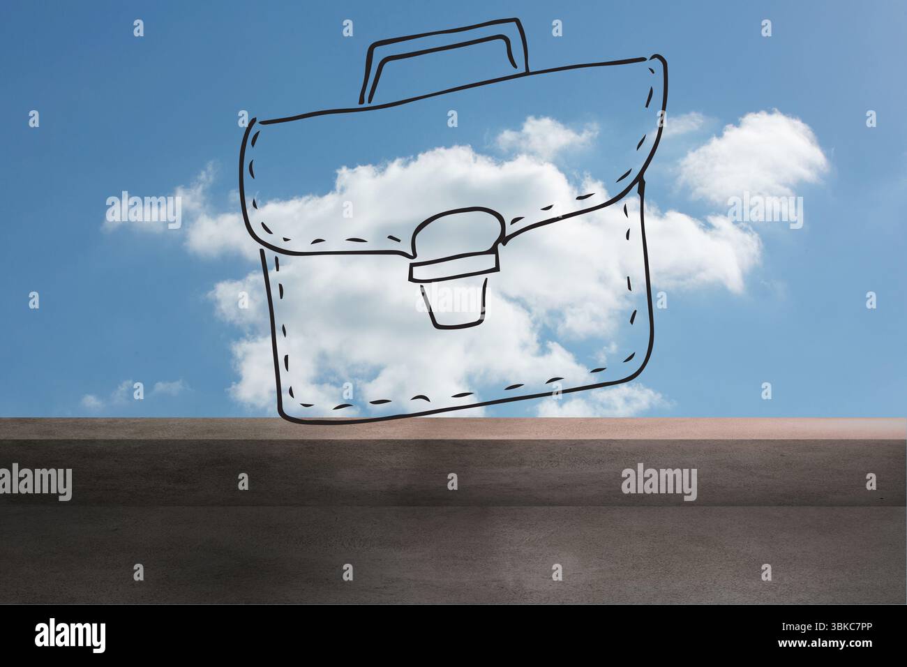 Floating hand-drawn briefcase sketch drifting above concrete ledge ...