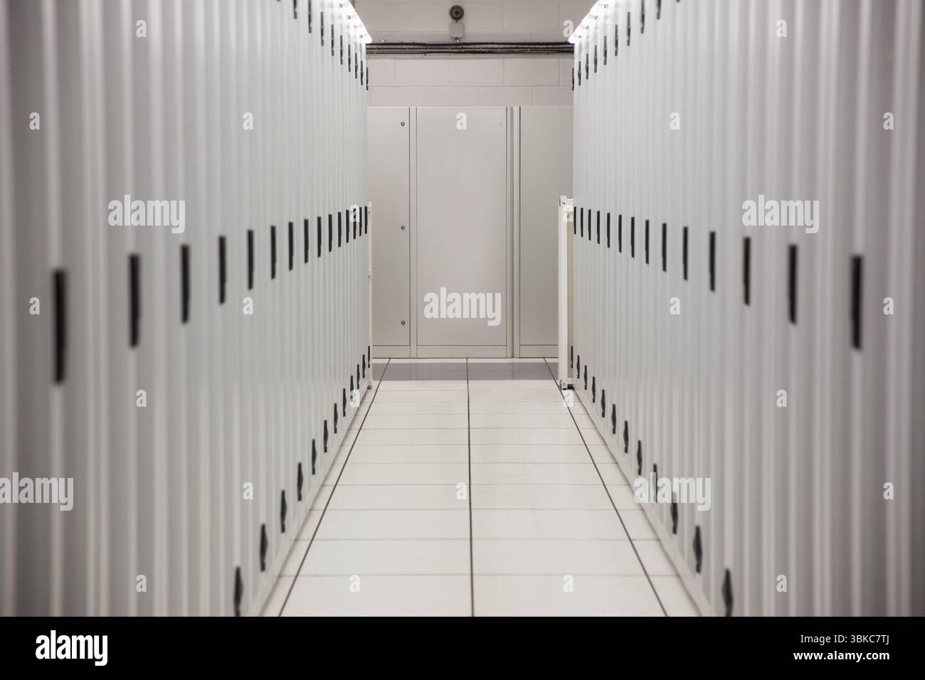 Showing data center corridor in flat design featuring racks, floor panels, cable trays, blank ...