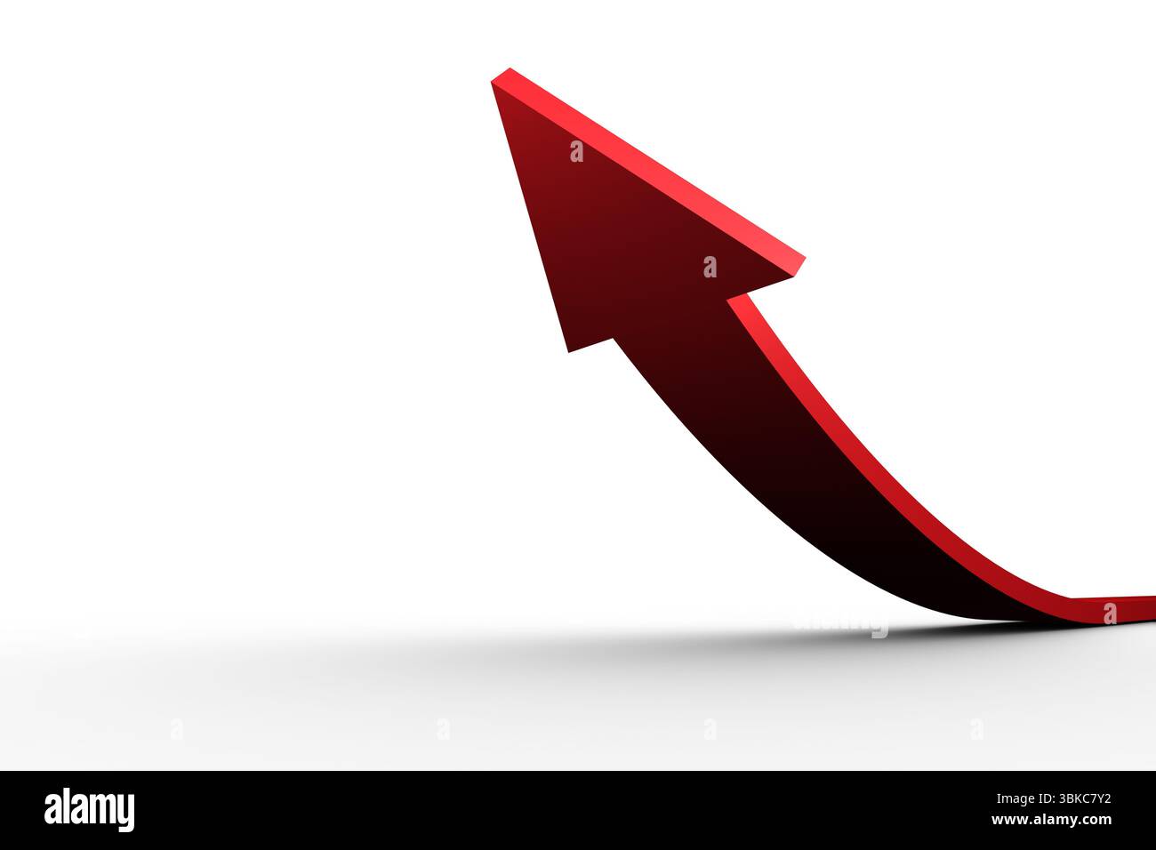 3D red curved arrow rising upward on plain white studio surface with ...