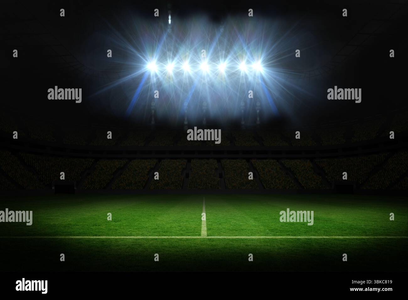 Flat design football stadium showing floodlights lighting grass pitch ...