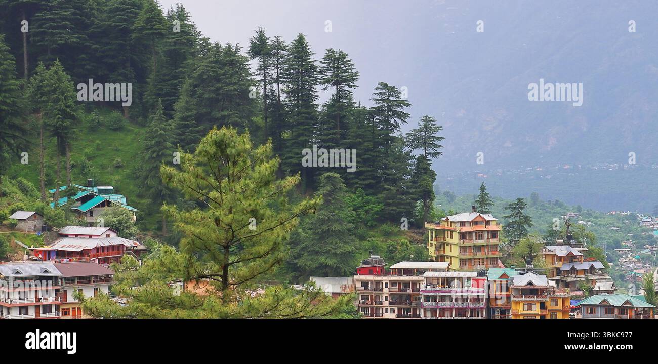 panorama of beautiful small mountain town naggar in summer in kullu ...
