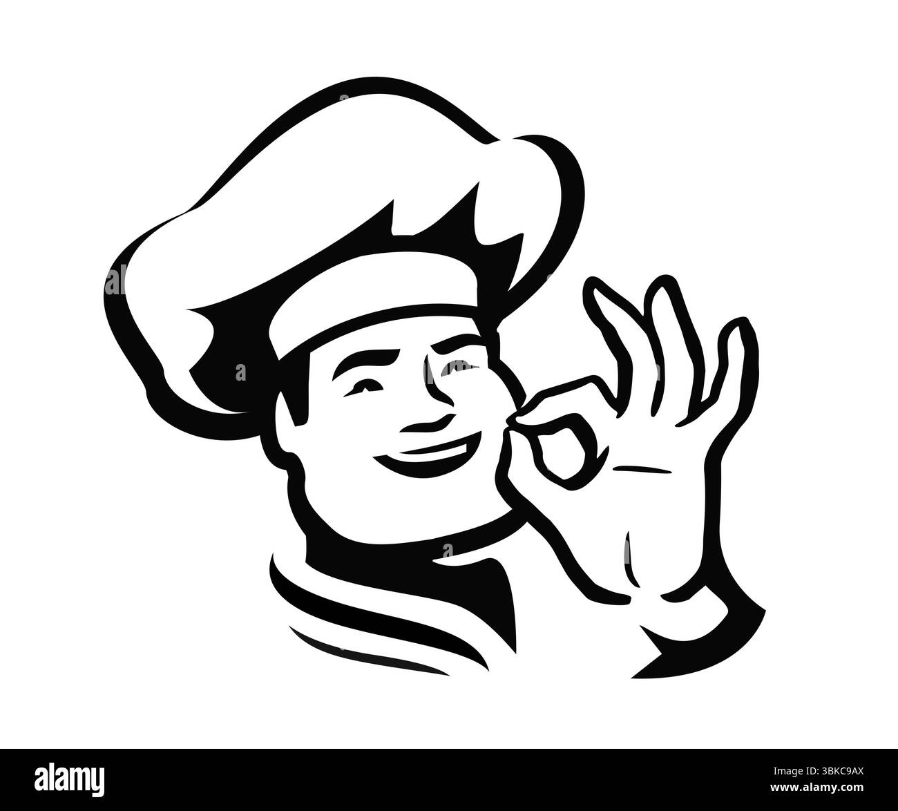 Smiling male chef in hat making ok hand sign. Emblem cook, symbol for ...
