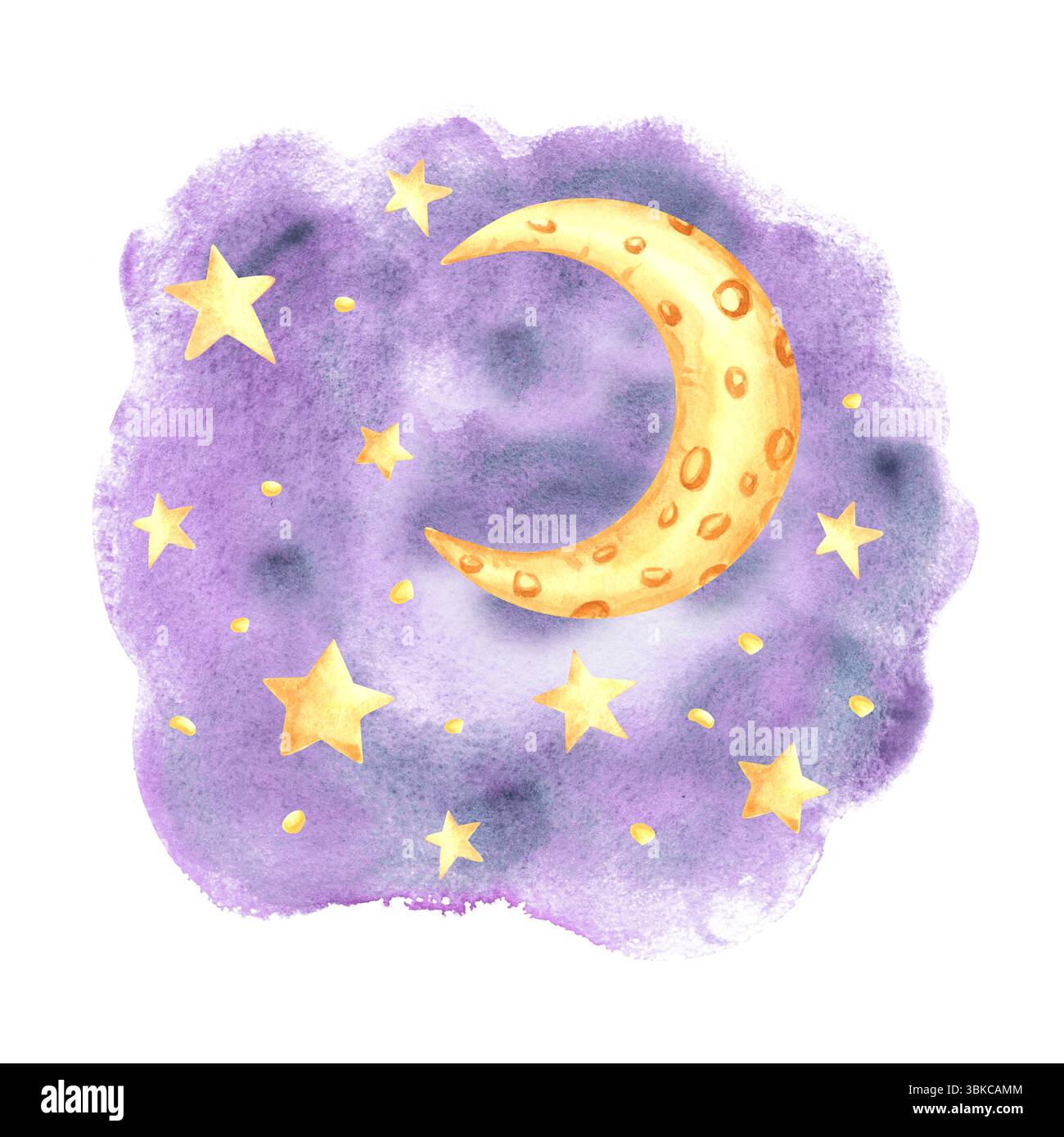 Yellow crescent moon with stars in night purple sky watercolor isolated ...