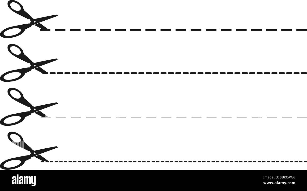 Black icons or silhouettes of scissors with different cut lines. Cutout ...