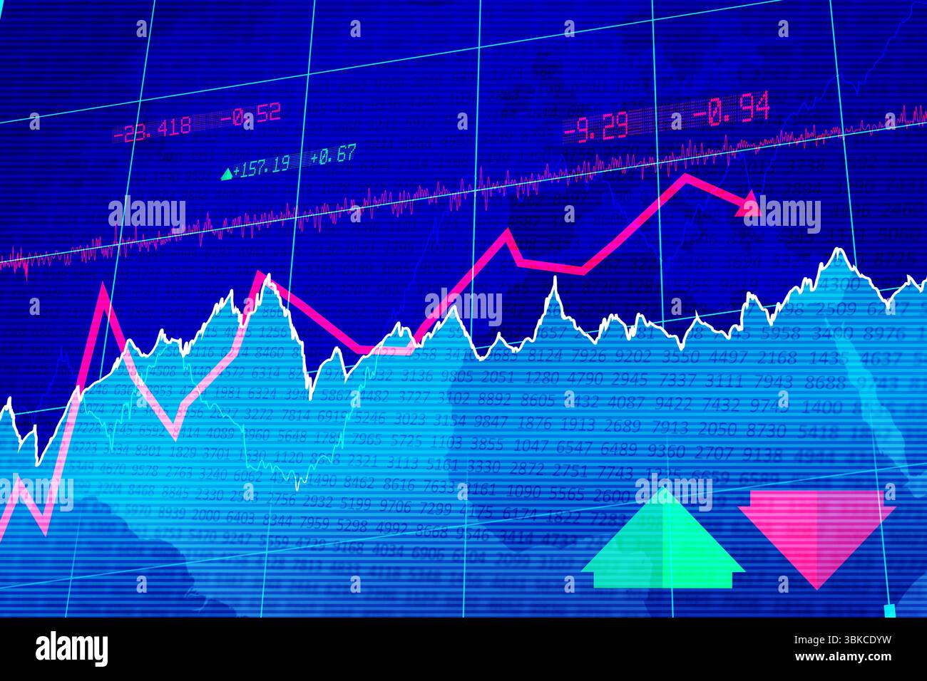 Showing market data on dark blue grid, featuring line, area and trend ...