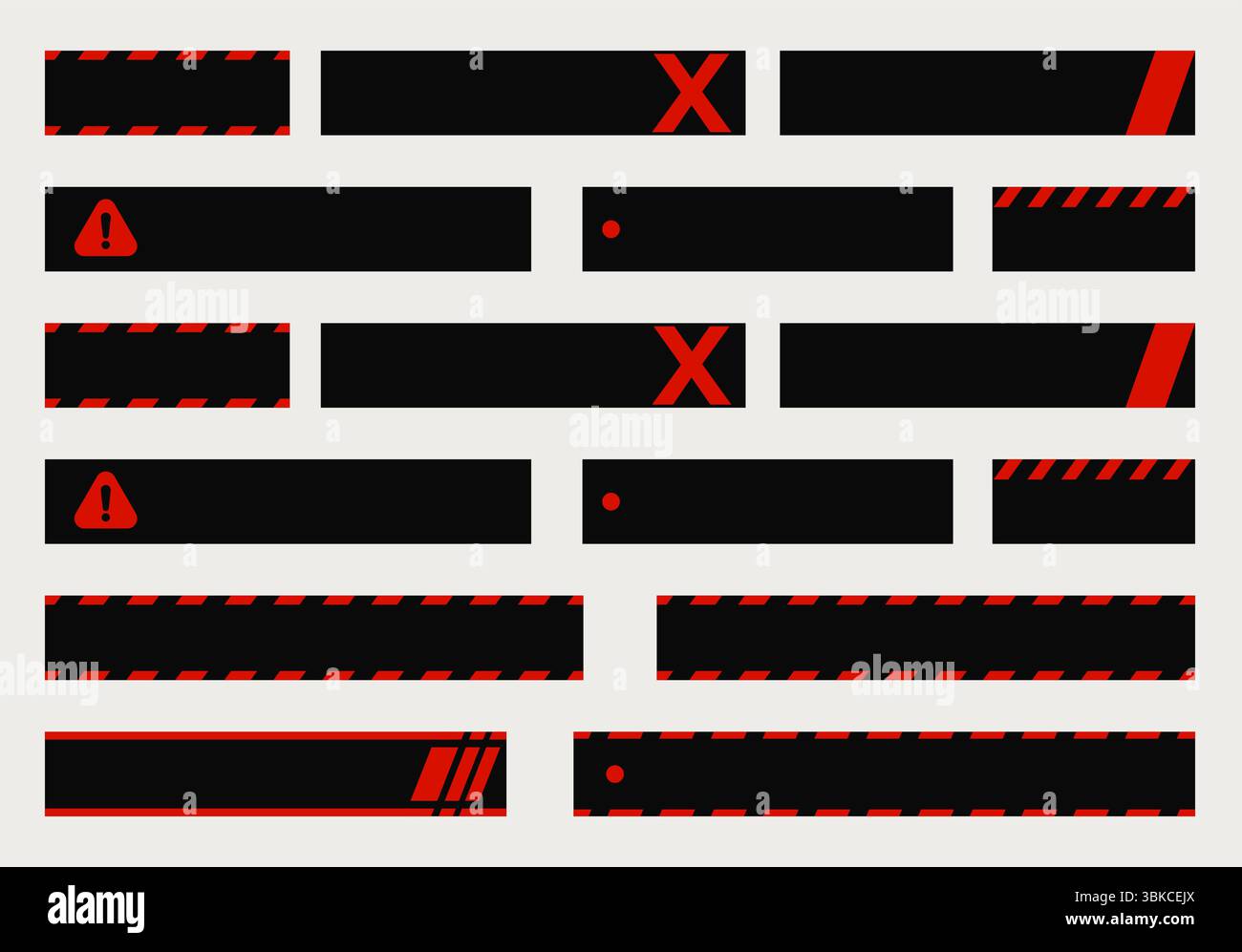 Warning UI banners with red elements, caution signs, error crosses ...
