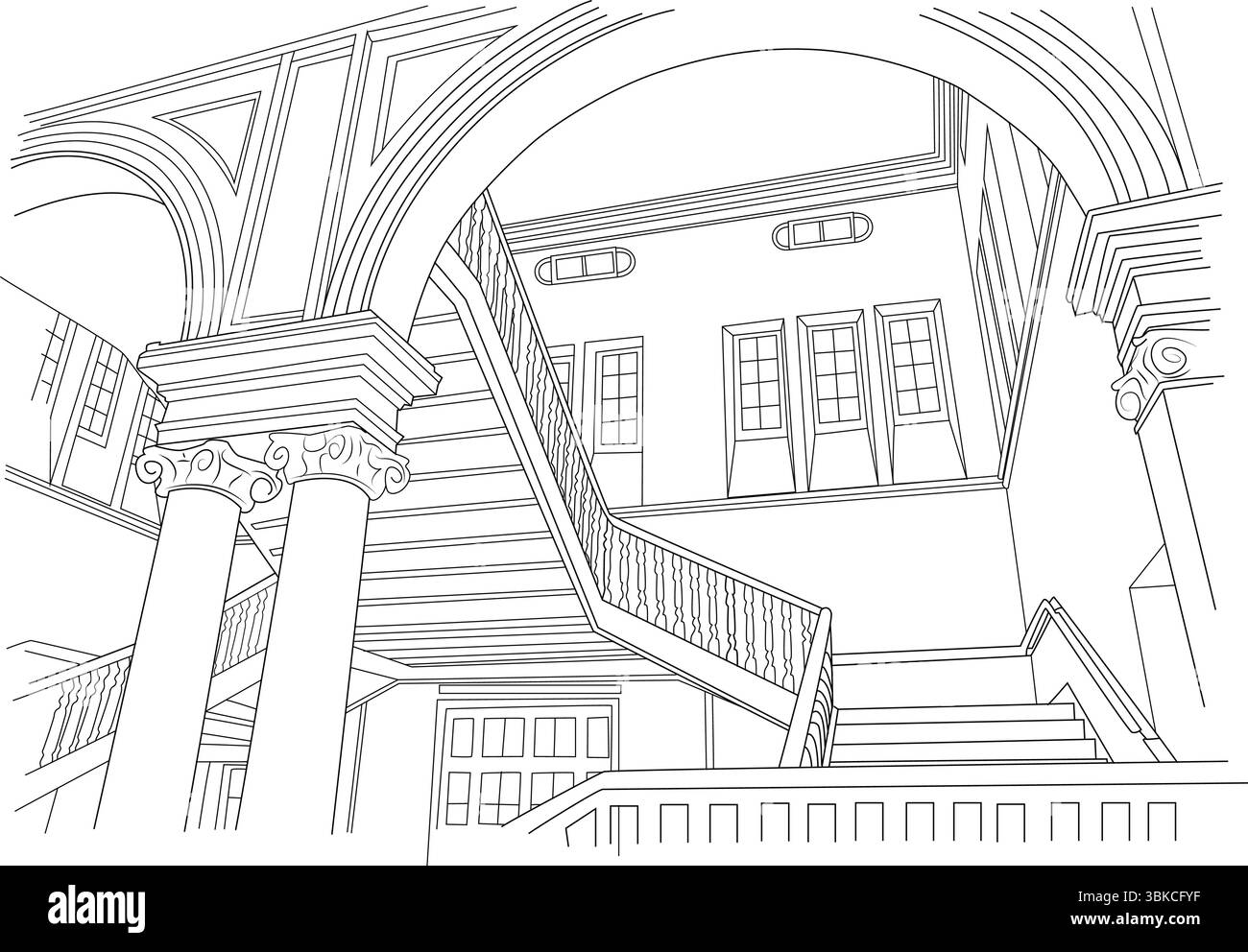 A detailed black and white line drawing illustrating a grand classical ...