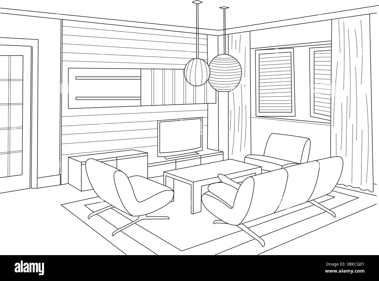 Detailed black and white line drawing illustration of a contemporary ...