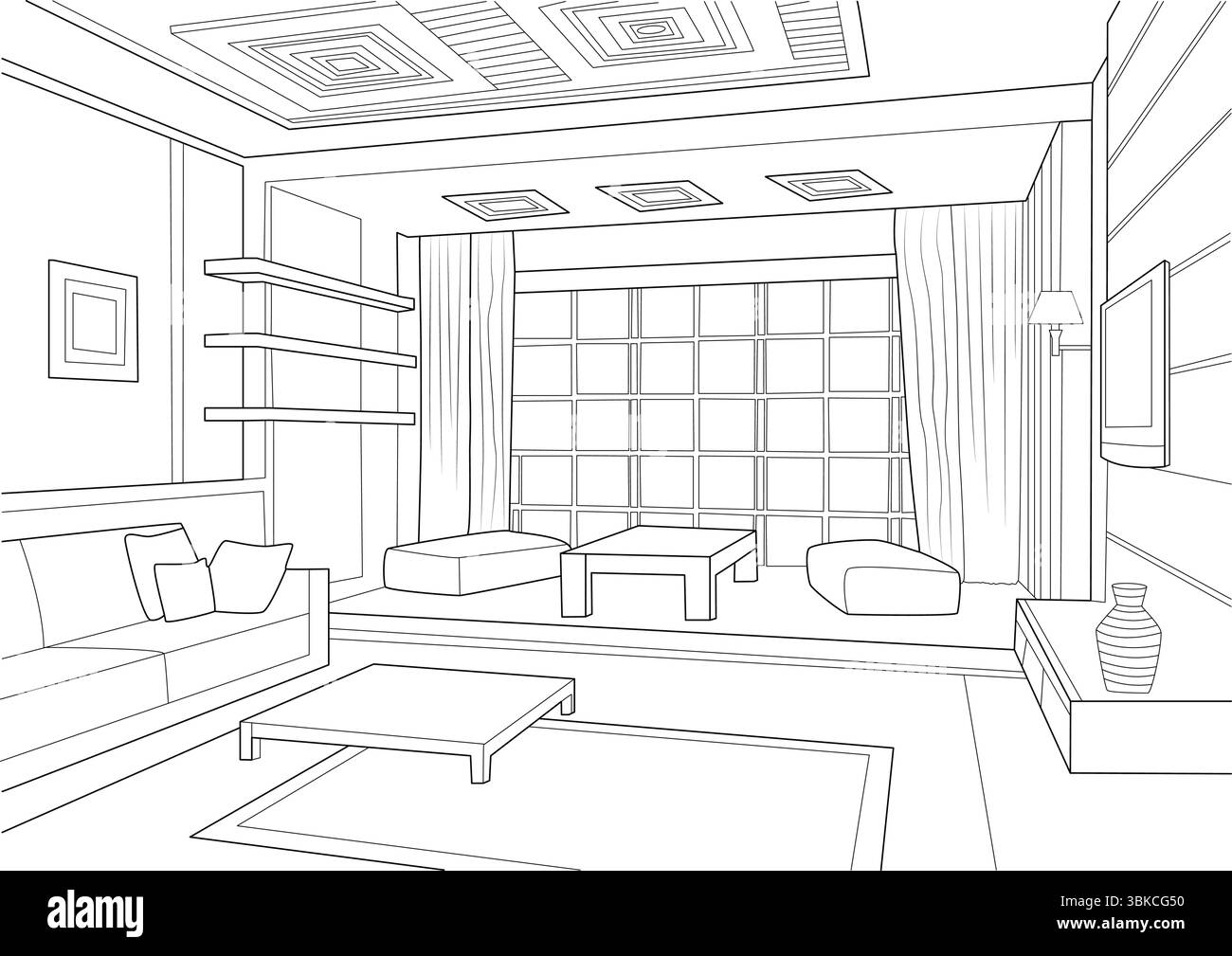 Detailed line drawing illustration of a modern living room interior ...