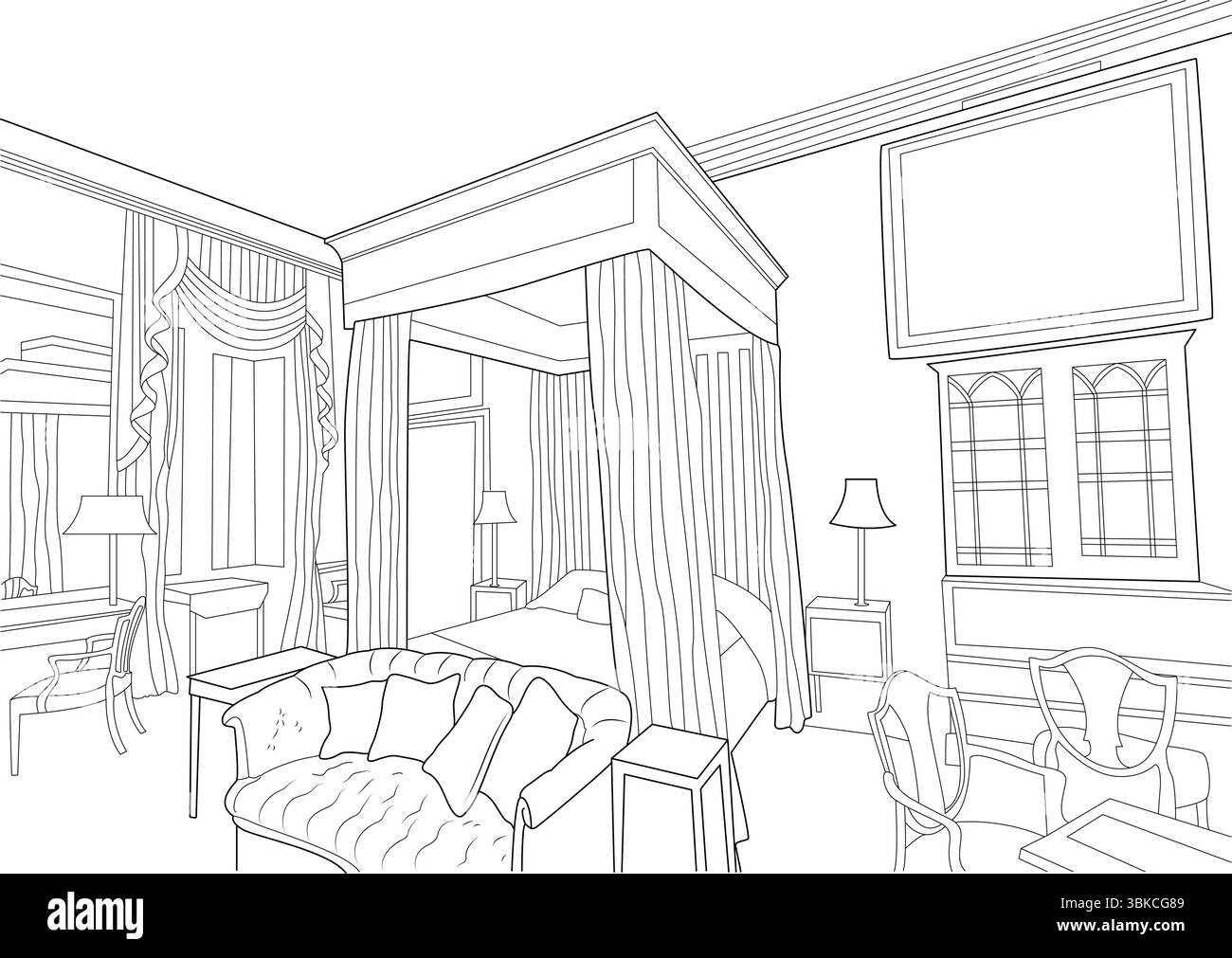 Detailed black and white line art drawing of a classic and elegant ...