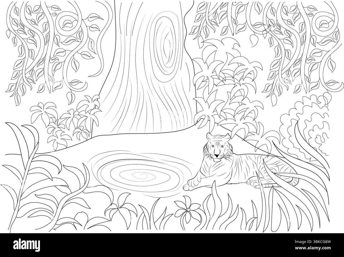 Black and white line art illustration of a tiger resting near a pool in ...