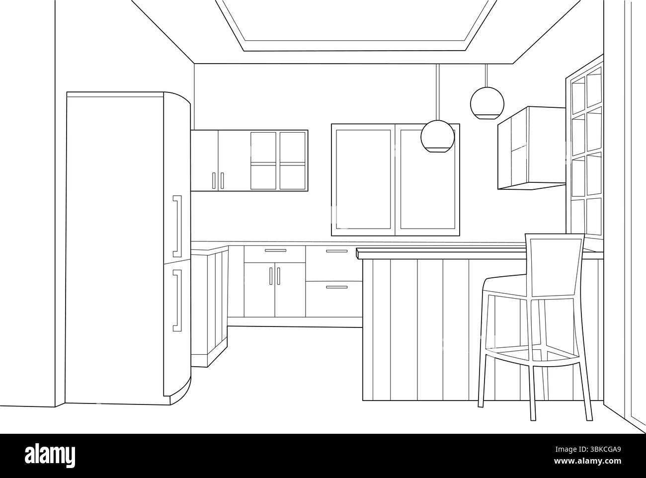 Outline sketch of a contemporary kitchen interior layout. The ...