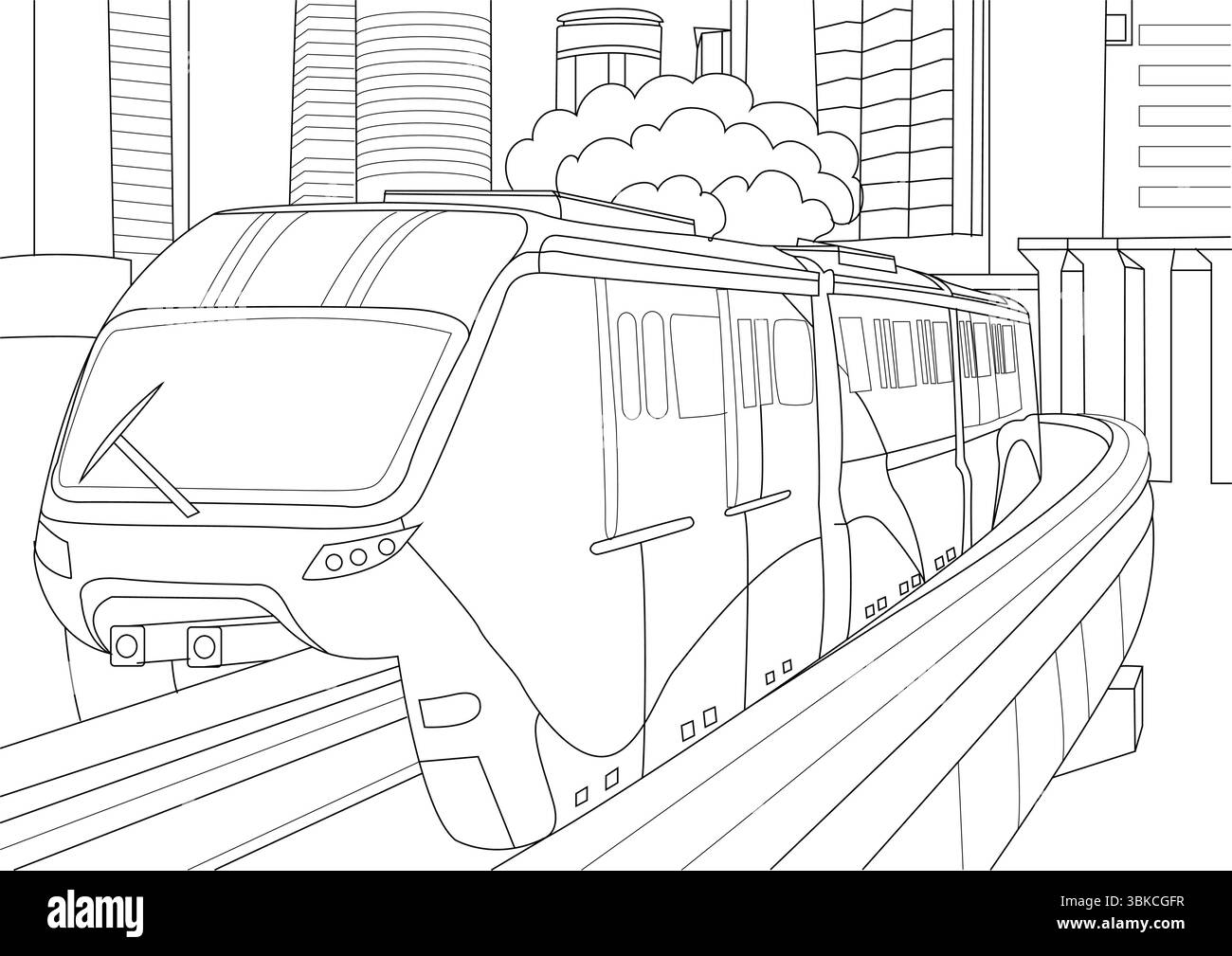 Black and white line art drawing of the Kuala Lumpur Monorail in ...