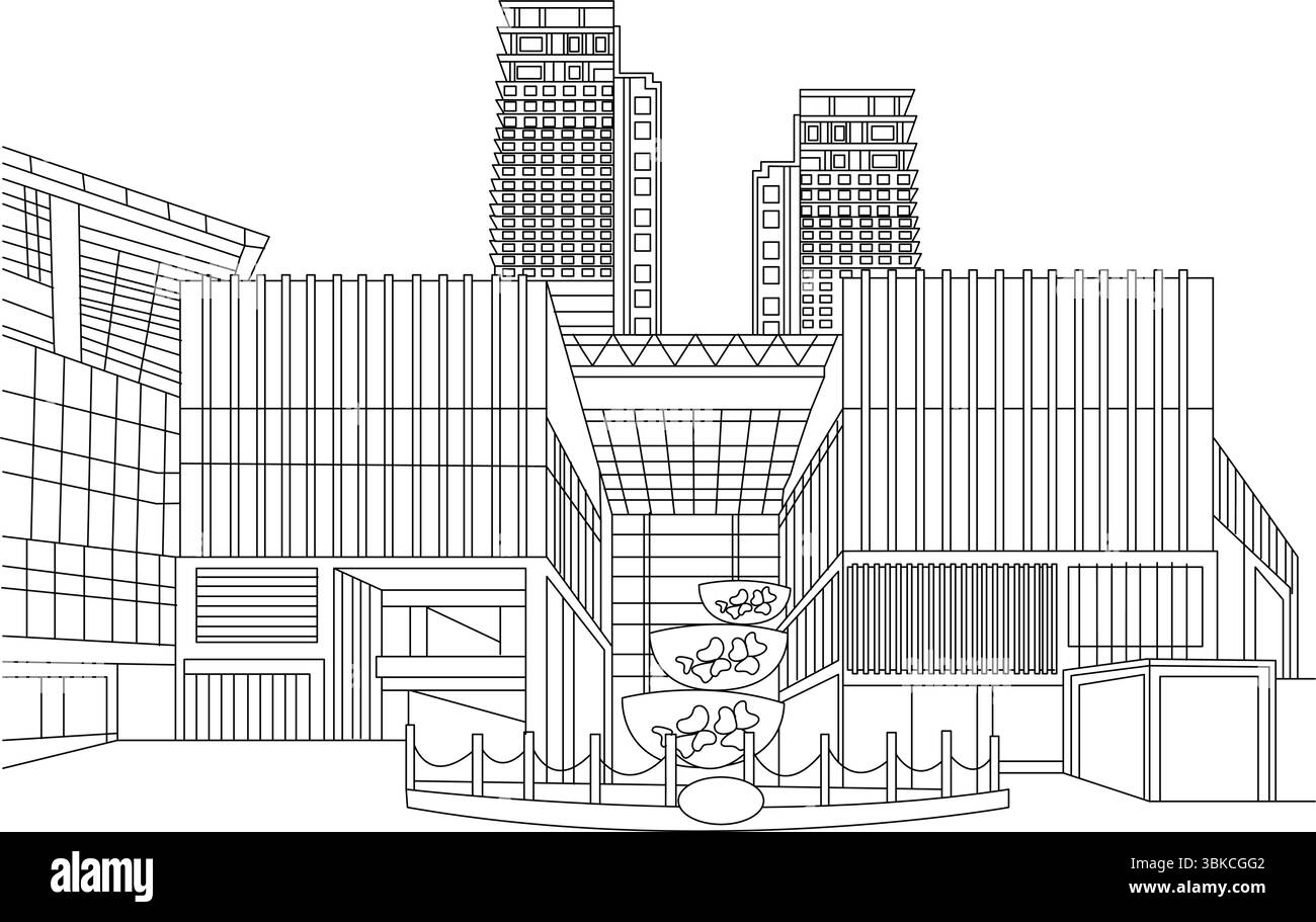 Minimalist black and white line art drawing of the exterior of Pavilion ...