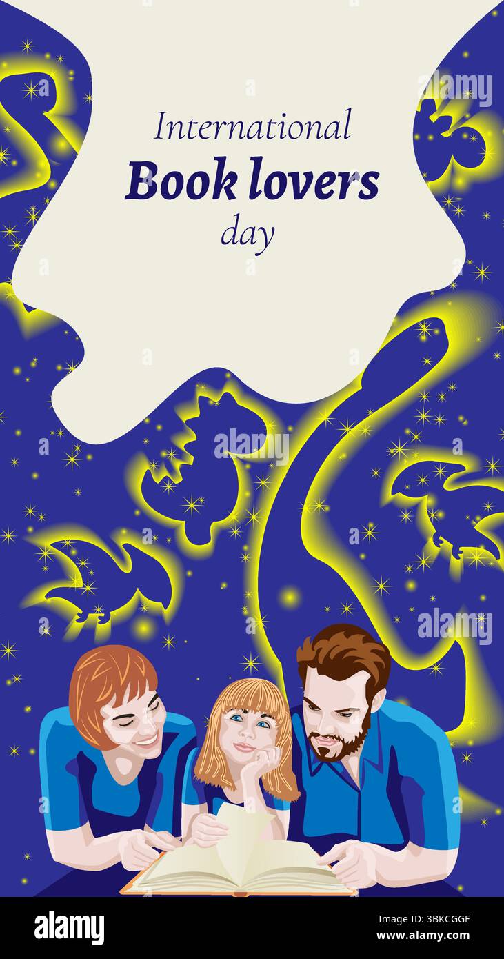 Father, mother and daughter read book. Magical starry sky with ...