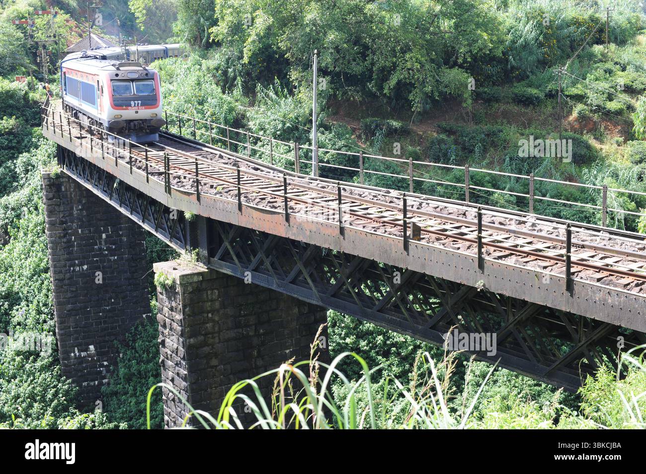 Passenger train with diesel locomotive and blue carriages crossing ...