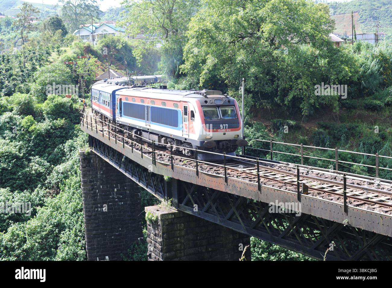 Passenger train with diesel locomotive and blue carriages crossing ...