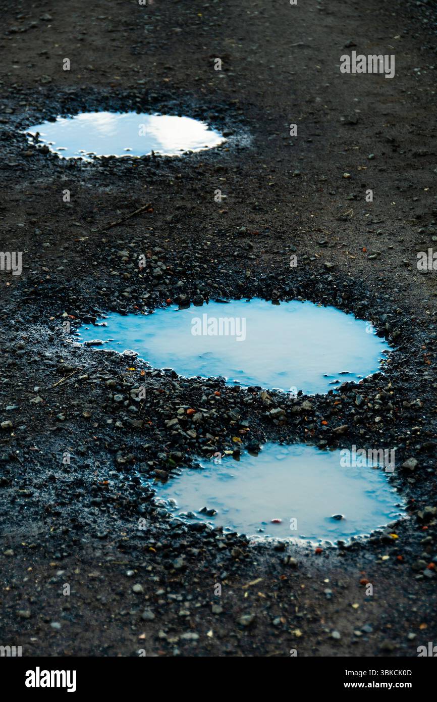 Three puddles on a gravel path mirror the overcast sky, highlighting ...