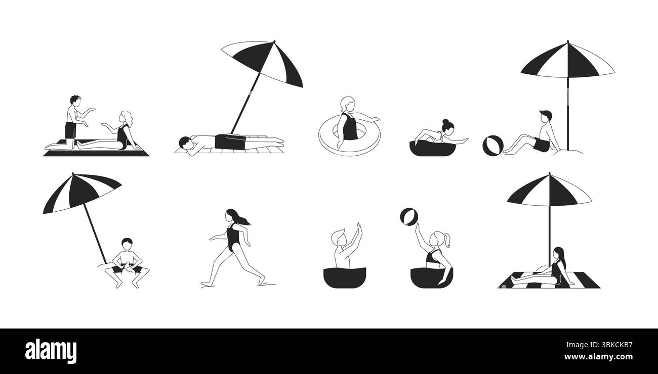 Diverse bathers enjoying beach activities 2D line characters set Stock ...