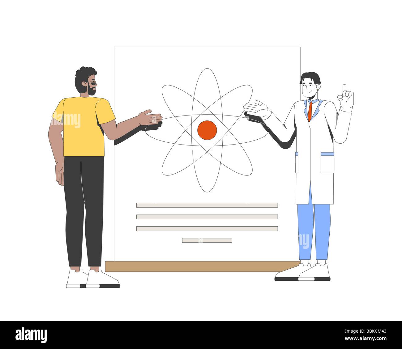 Asian male scientist explaining to black man attendee atom poster 2D ...