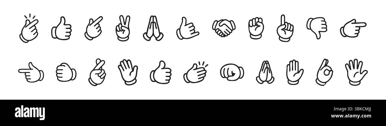 Set of various hand gesture icons in black outline, graphic illustration. concept of ...
