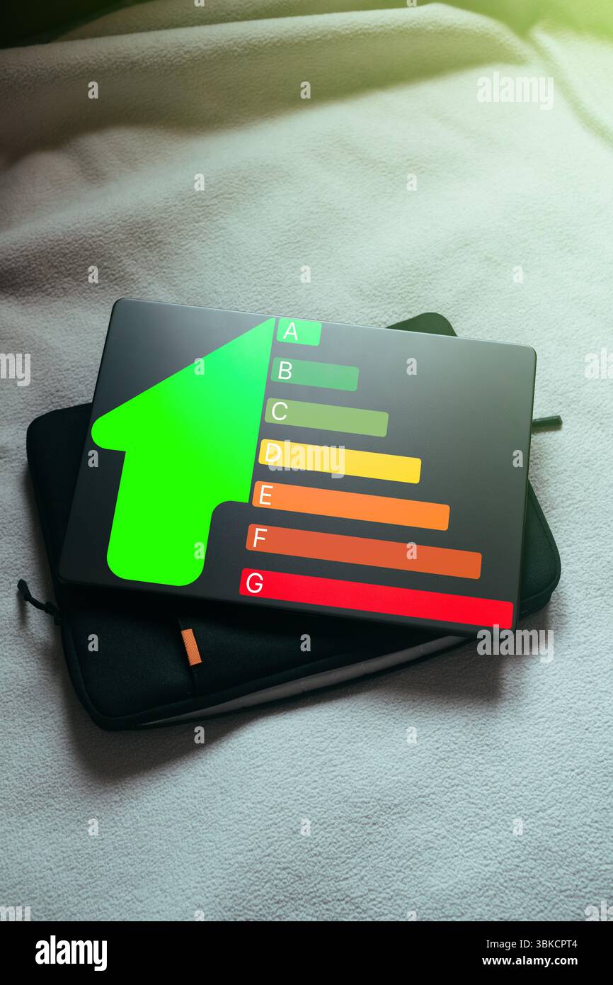 Energy efficiency concept. Laptop top view with energy efficiency ...