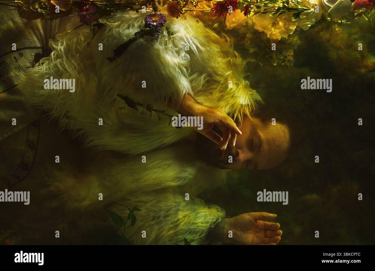 Bearded man in furry outfit floating underwater. Shot in aquariu Stock ...