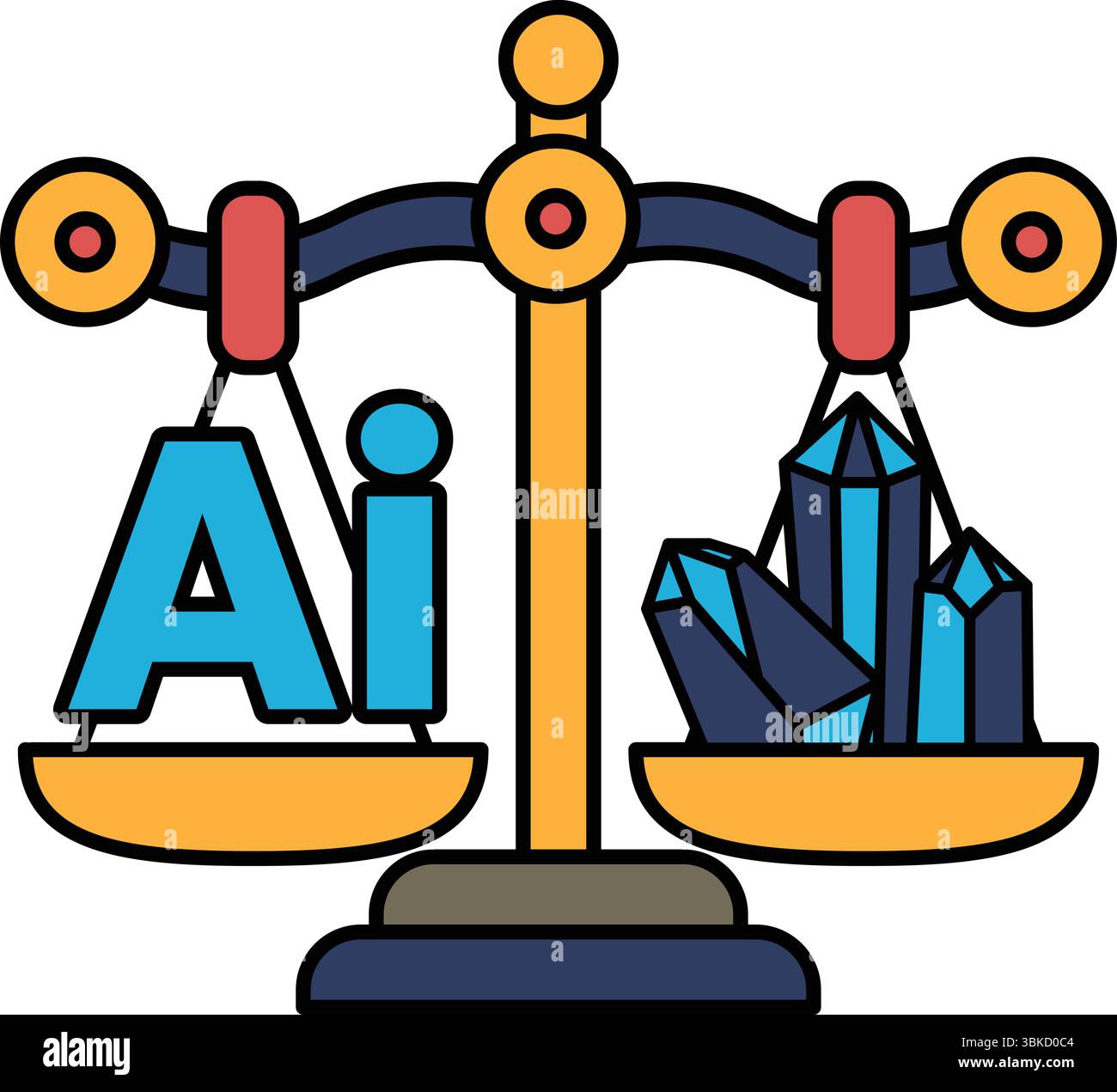 A scale with the letters AI on one side and crystals on the other. The ...